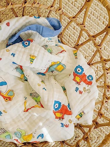 Jay & Ava Baby Muslin Blanket, Soft Toddler Cotton Blanket for Boy, 4 Layers Bed Throws for Baby Crib, Multicolor Printed Summer Quilt for Baby, Large 42β x 42β (Blue Digger)