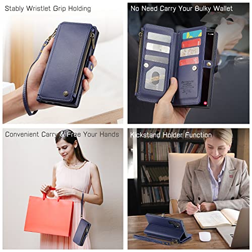 Defencase Galaxy S23 Ultra Wallet Case, RFID Blocking Leather, Magnetic Flip & Zipper Card Holder, Dark Blue