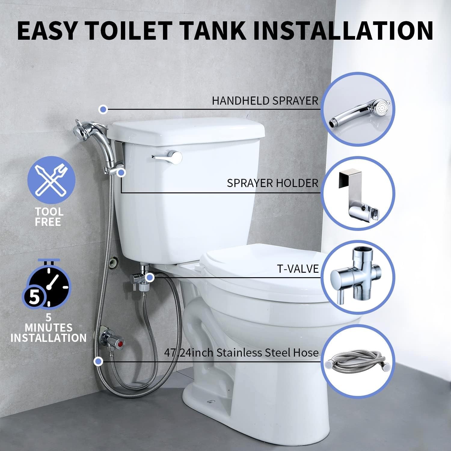 Handheld Bidet Sprayer Kit for Toilet, Zeromix Bathroom Toilet Bidet Attachment Set,Multi-Function for Baby Cloth Diaper Sprayer,Shattaf Sprayer,Pets Shower,Toilet or Wall Mounted