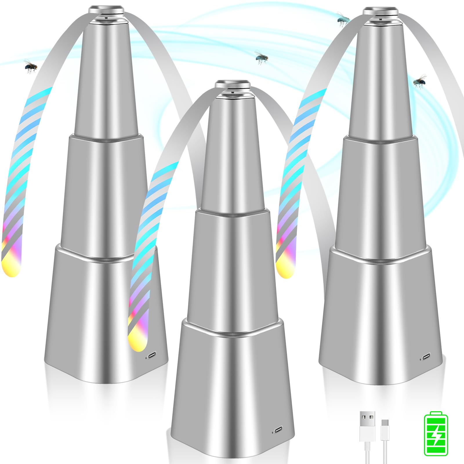 chemotex Fly Fan for Tables Rechargeable Fly Fans for Food Keeps Flies Away Fly Repellent Fans for Outdoor Table Top Bug Repellent Fan with Holographic Blades for Picnic (Silver, 3Packs)