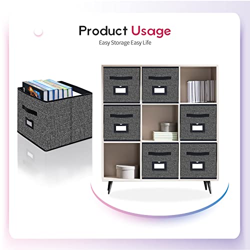 Onlyeasy Large Foldable Cloth Storage Cubes 4 Pack with Label Holders - Fabric Storage Bins Baskets Organizers for Home Office Nursery Cubby with Leather Handles, 13Wx15Dx13H Inch, Black, MXABXL04PLP