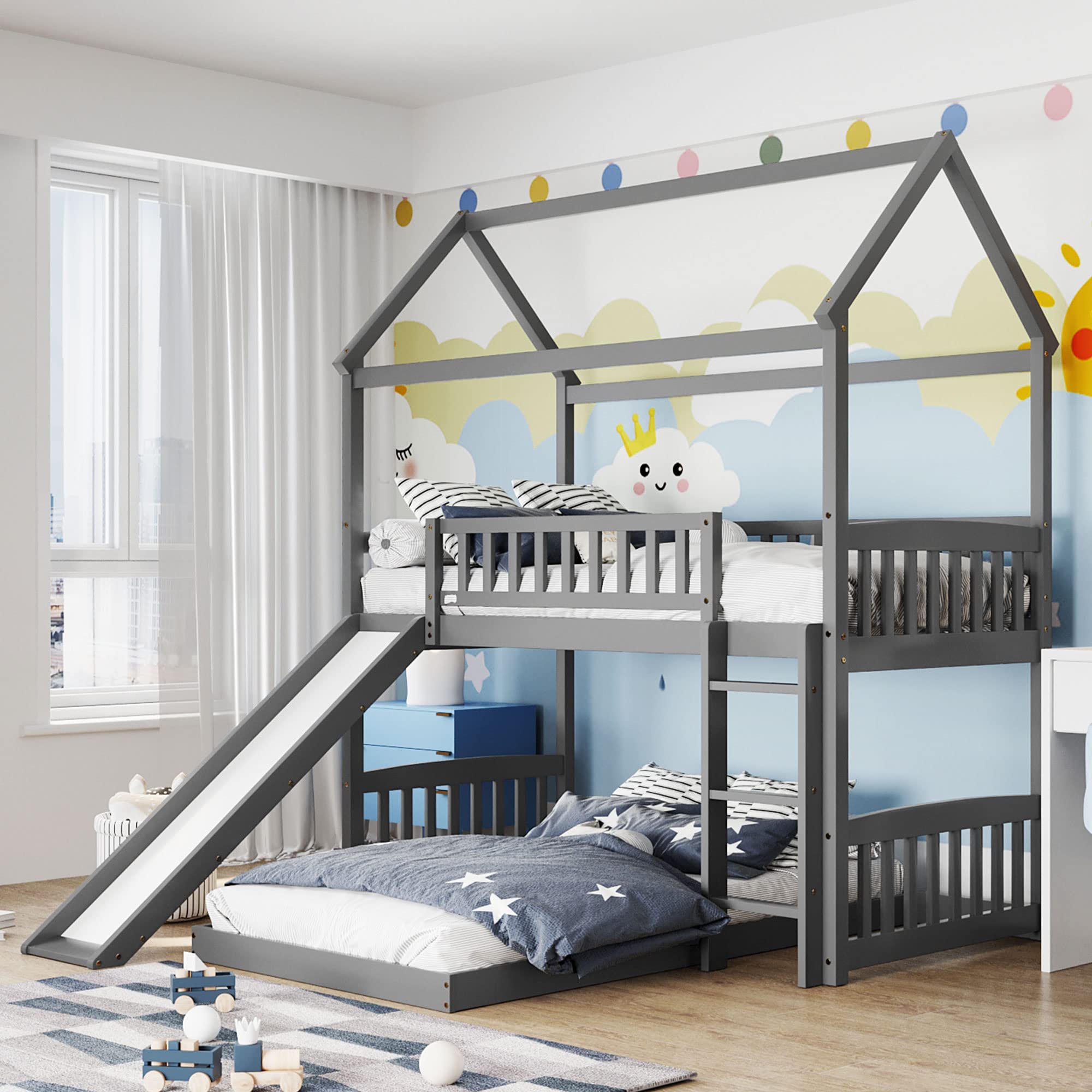LZ LEISURE ZONE Bunk Bed with Slide, Wood Twin Over Twin Bunk Bed Frame, Twin Size House Bunk Bed, Bedroom Furniture for Kids/Teens/Aldults, No Box Spring Needed, Gray