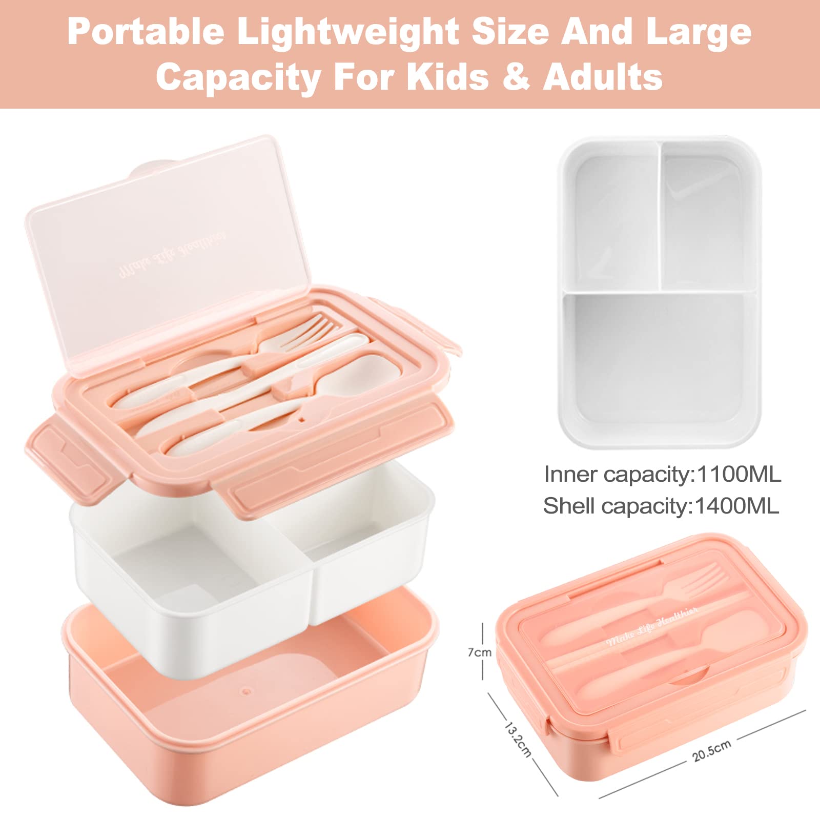 Supplim Bento Box for Adults and Kids - 1400ML Bento Lunch Box With Spoon & Knife & Fork,Leakproof 3 Compartment Lunch Food Storage Containers for Men Women