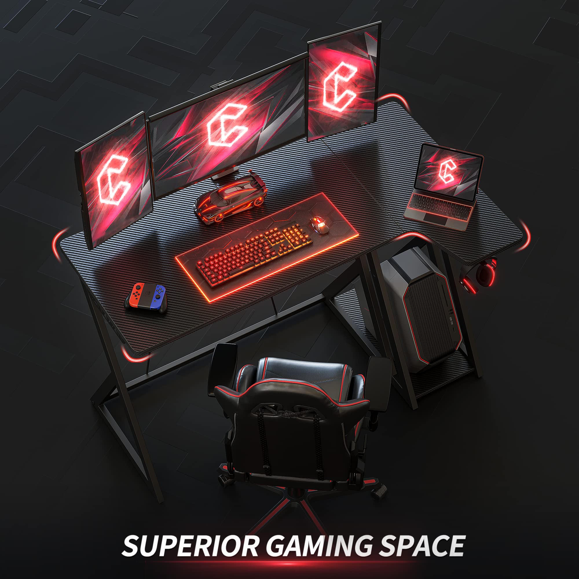 CubiCubi Carrier Gaming Desk 47 inch Gamer Workstation, Home Computer Carbon Fiber Surface Gaming Desk PC Table with Monitor Stand