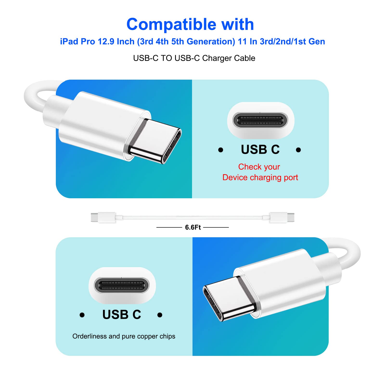 6ft 2Pcs USB-C to USB-C 66W Fast Charger Cable Cord for iPad Pro 12.9 Inch (3rd 4th 5th Gen) 11 In 3rd/2nd/1st Gen & New iPad Mini 6th Gen(2021) Air 4th MacBook Air,for Stylus Pen USB C Charging Cable