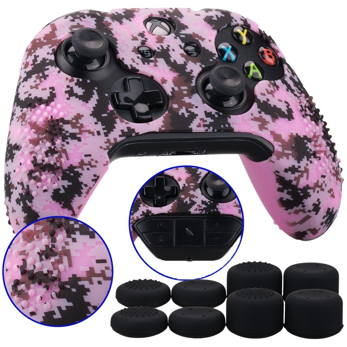 9CDeer 1 Piece of Studded Protective Customize Digital Camo Silicone Cover Skin Sleeve Case 8 Thumb Grips Analog Caps for Xbox One/S/X Controller Pink Compatible with Official Stereo Headset Adapte