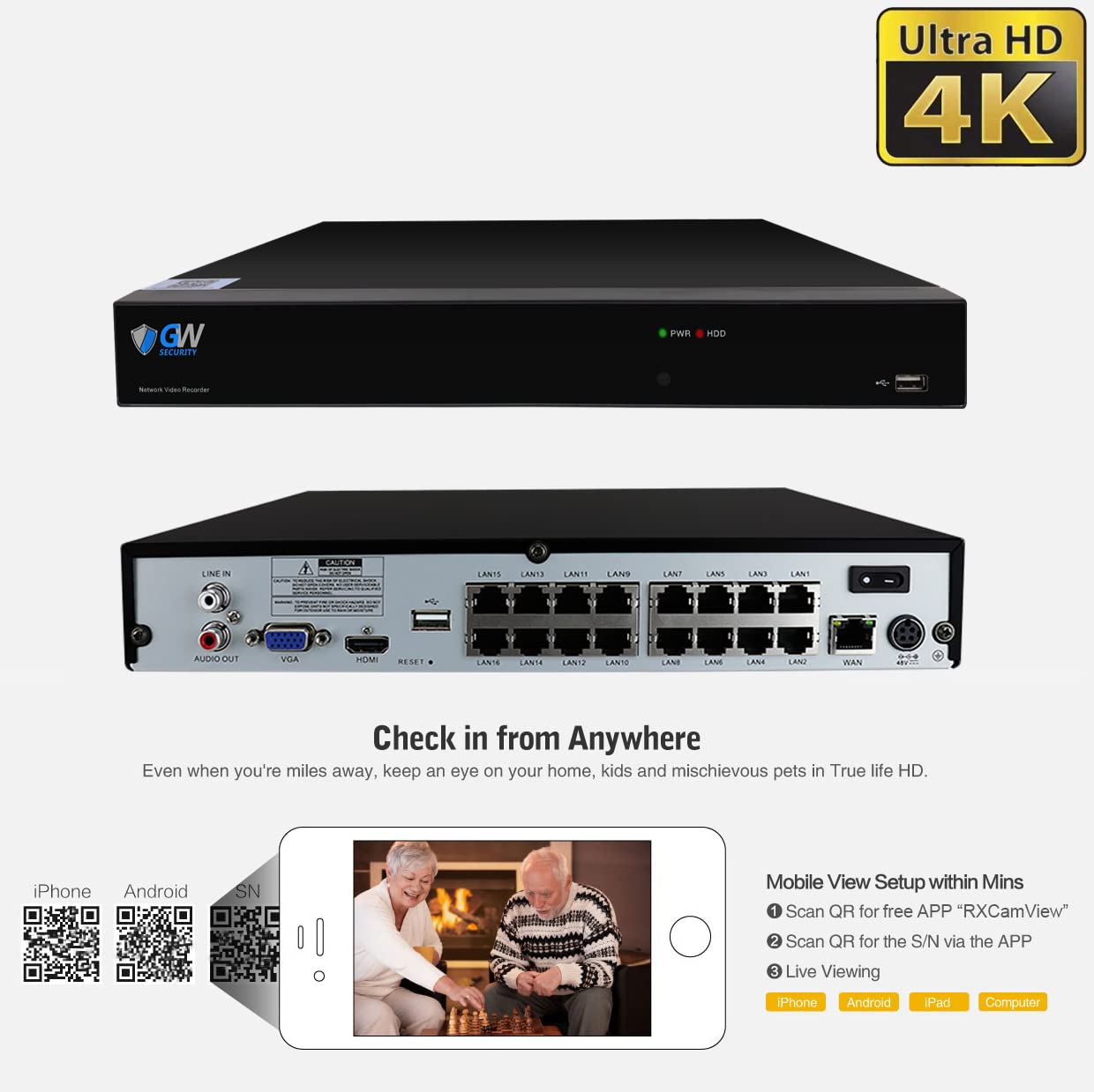 GW Security Smart AI 16 Channel H.265+ PoE 12MP NVR UltraHD 4K (3840x2160) Security Camera System with 8 x 4K (8MP) 2160P Face Recognition/Human/Vehicle Detection Outdoor Microphone Bullet IP Camera