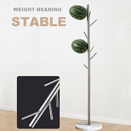 Metal Coat Rack Stand Golden Satin Steel Finish Stable Marble Base, High-Grade with Hooks Metal Tree Hat & Coat Hanger Floor Free Standing Wall Bedroom Easy Assembly (Golden)