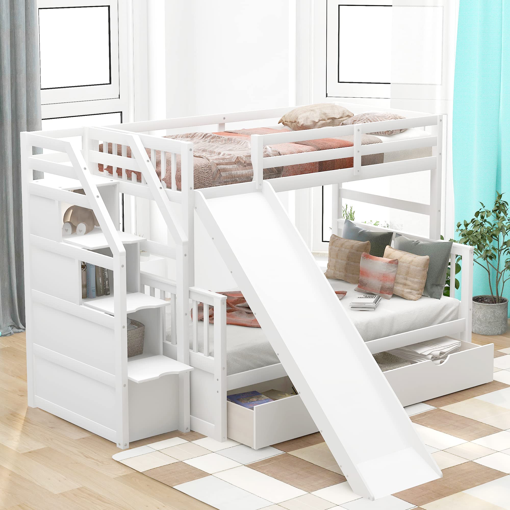 Twin Over Full Bunk Bed with Stairs and Slide, Solid Wood Bunk Bed Frame with Storage Drawers for Kids Girls Boys (White)