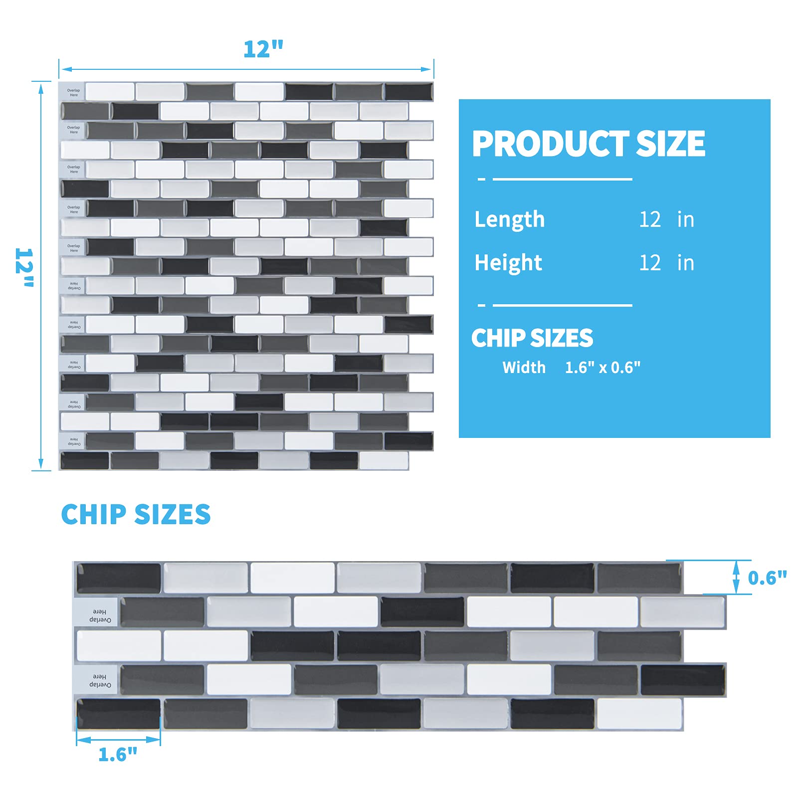 Art3d Peel and Stick Wall Tile for Kitchen/Bathroom Backsplash, 12"x12", Black-White (6 Pack)