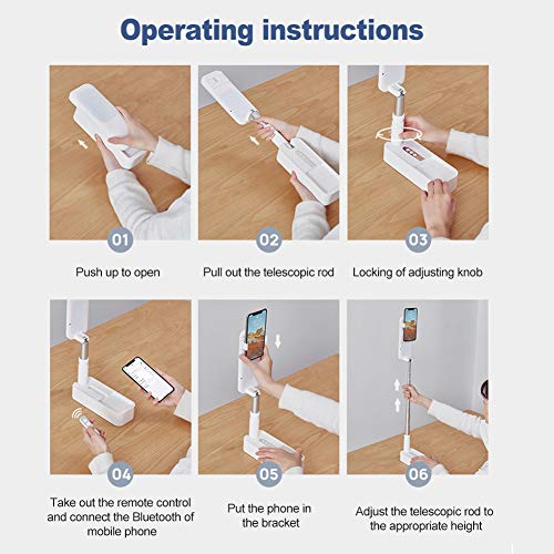Bibabala Phone Stand for Video Recording Extendable Selfie Stand 360° Rotation with Phone Holder Foldable 7 Brightness LED Light for Live Streaming Photography Reading(White)