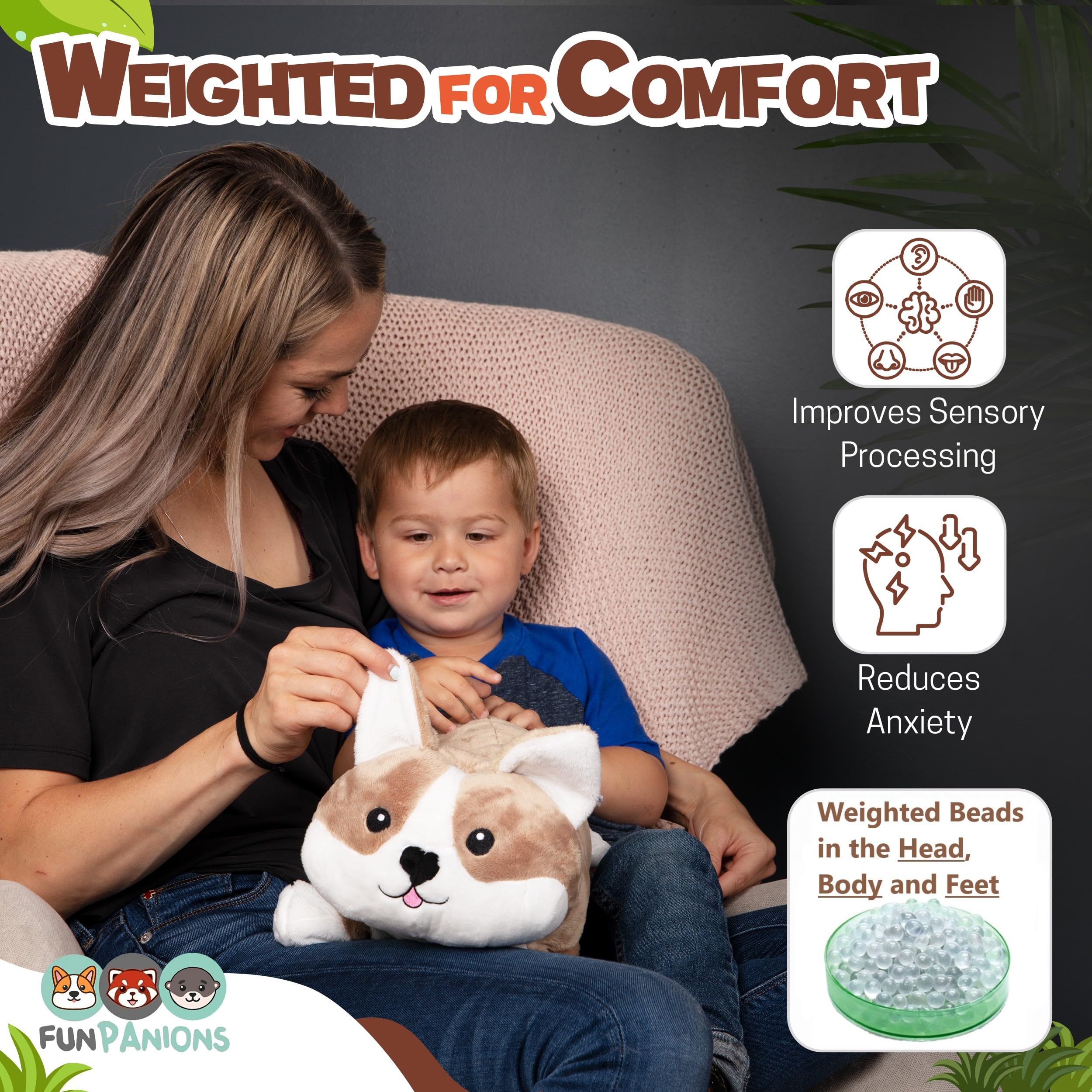 Funpanions Weighted Stuffed Animals β 4LB Cute Plush for Adults, Teens & Kids - Large Corgi Dog, Machine Washable w/Removable Inner Weight