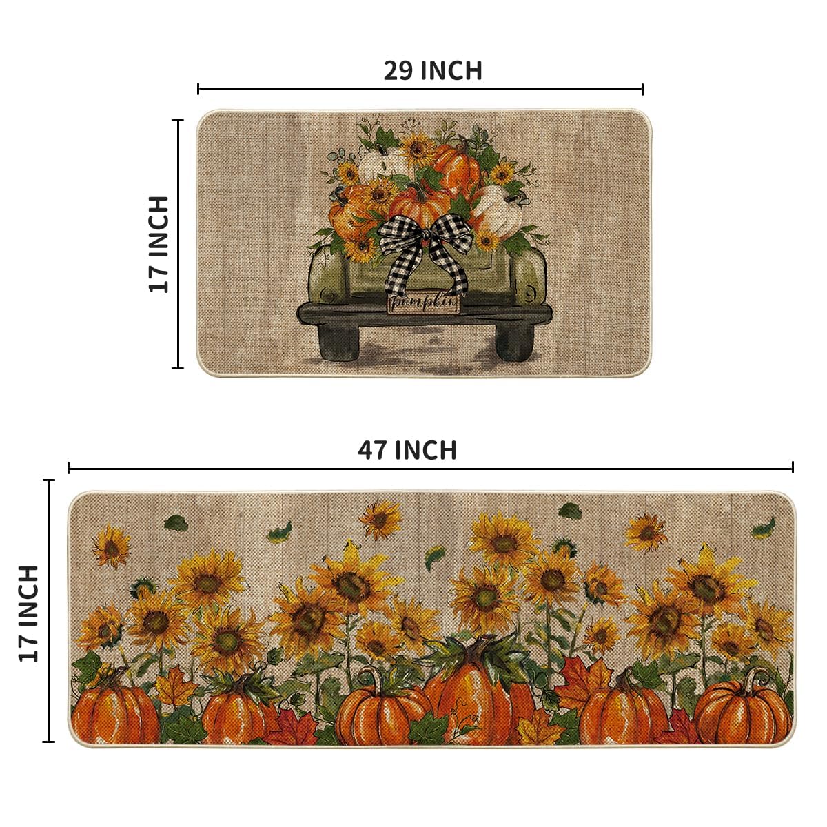 Artoid Mode Truck Pumpkin Sunflowers Fall Kitchen Mats Set of 2, Autumn Home Decor Low-Profile Kitchen Rugs for Floor - 17x29 and 17x47 Inch