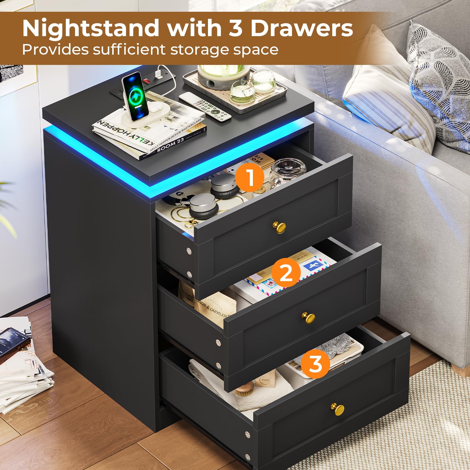 AOGLLATI Black Night Stand Set of 2, Nightstand Set 2 with Charging Station & 3 Drawers, Modern Bedside Table with LED Lights, Wooden LED End Side Tables for Bedroom, Unique Top Design