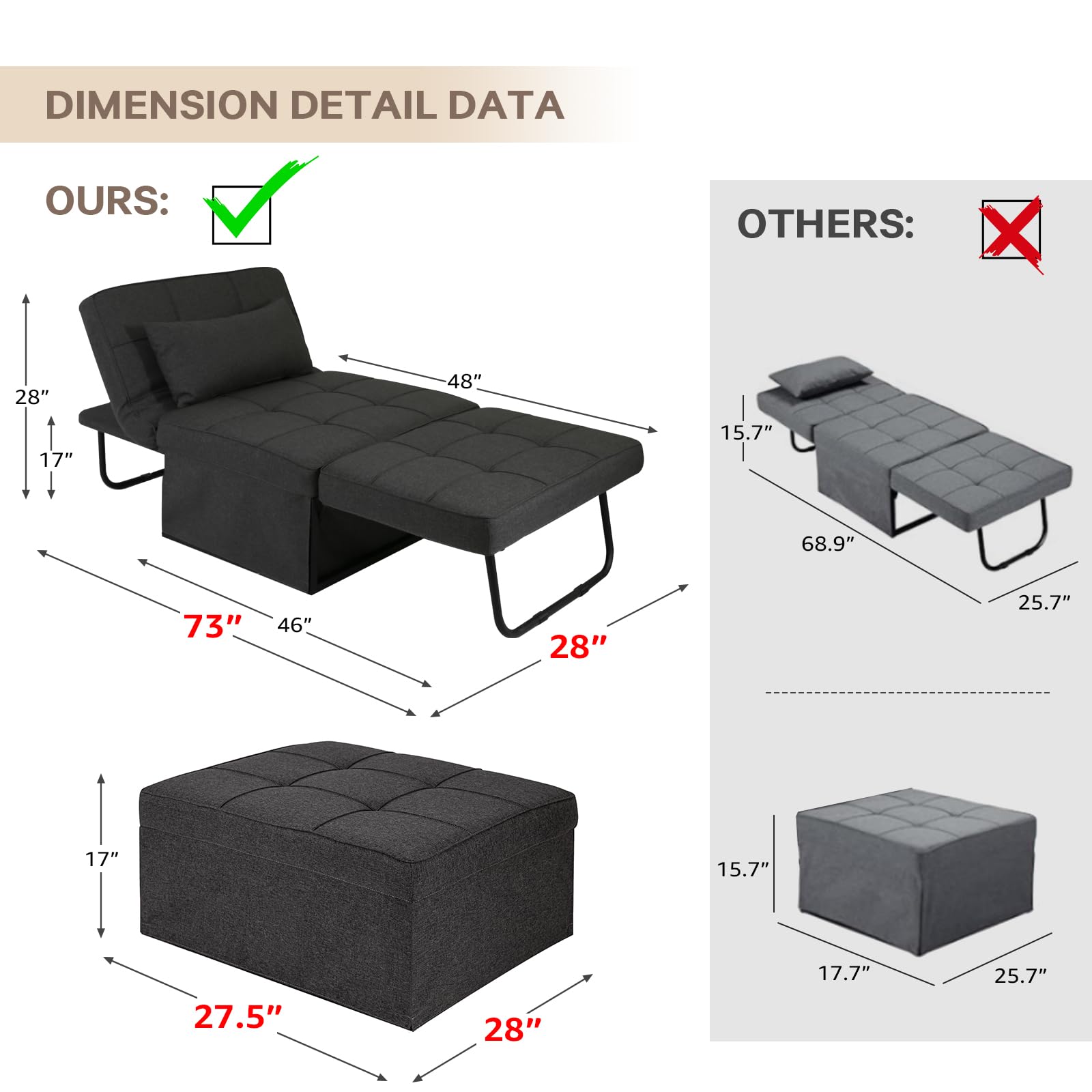 IJIALIFE Ottoman Sofa Folding Sofa Bed(No Installation Required), 4 in-1 Sleeper Chair Bed Multi-Function Folding Convertible Couch Chair Ottoman Bed for Apartment, Small Space,36” Width(Gray)