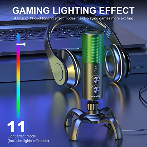 Aokeo USB Gaming Microphone, PC Computer Condenser Mic with Gain,RGB Light for Recording,Podcasting,Streaming,YouTube, Twitch,Skype,Compatible with PS5 PS4 Mac Laptop Desktop(Black)