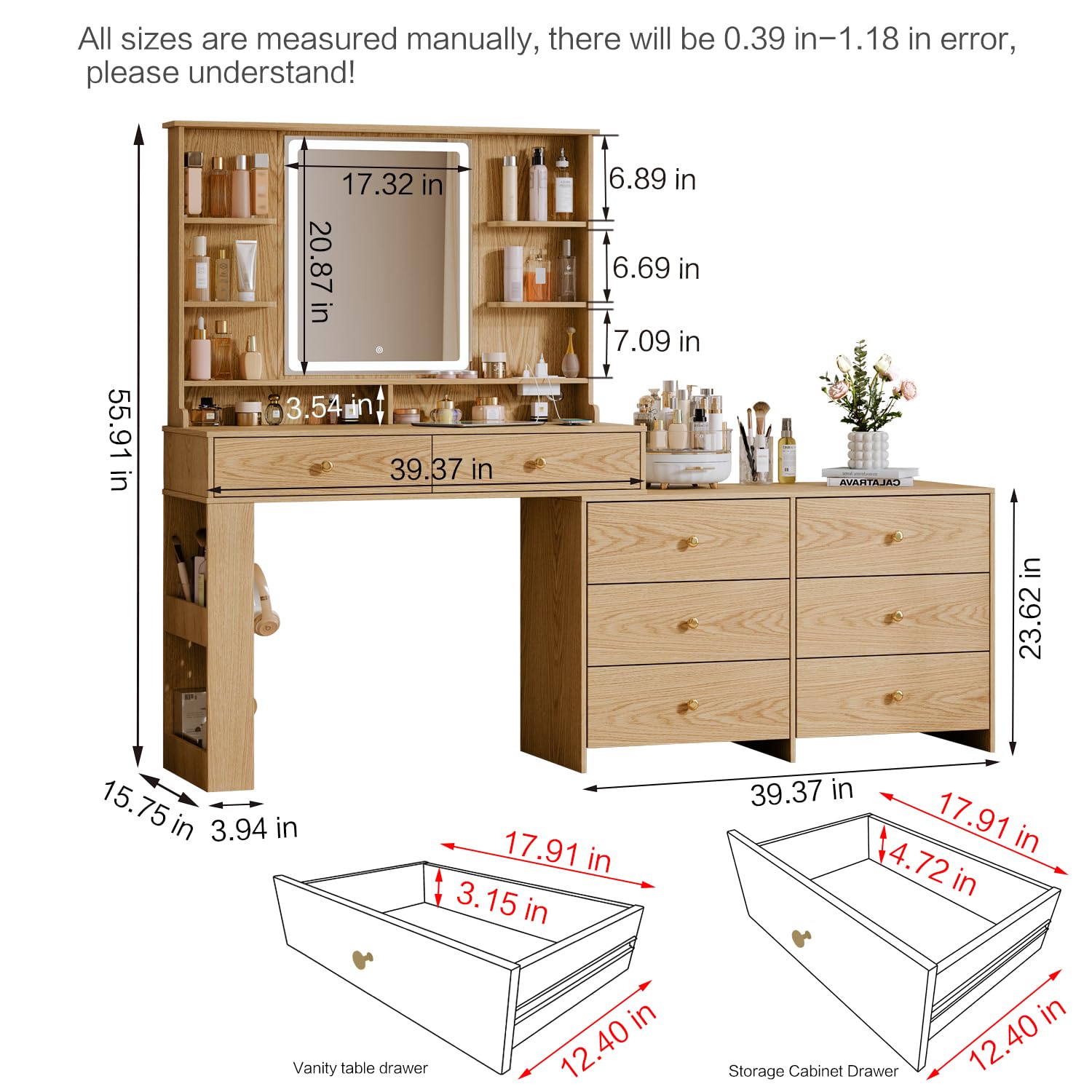 74.8''Makeup Vanity Desk with large mirror and lights&Charging Station,Modern Corner Vanity Table with 8 Storage Drawers and Shelves,Makeup Table for Bedroom,Dressing Table with nightstand,Beige