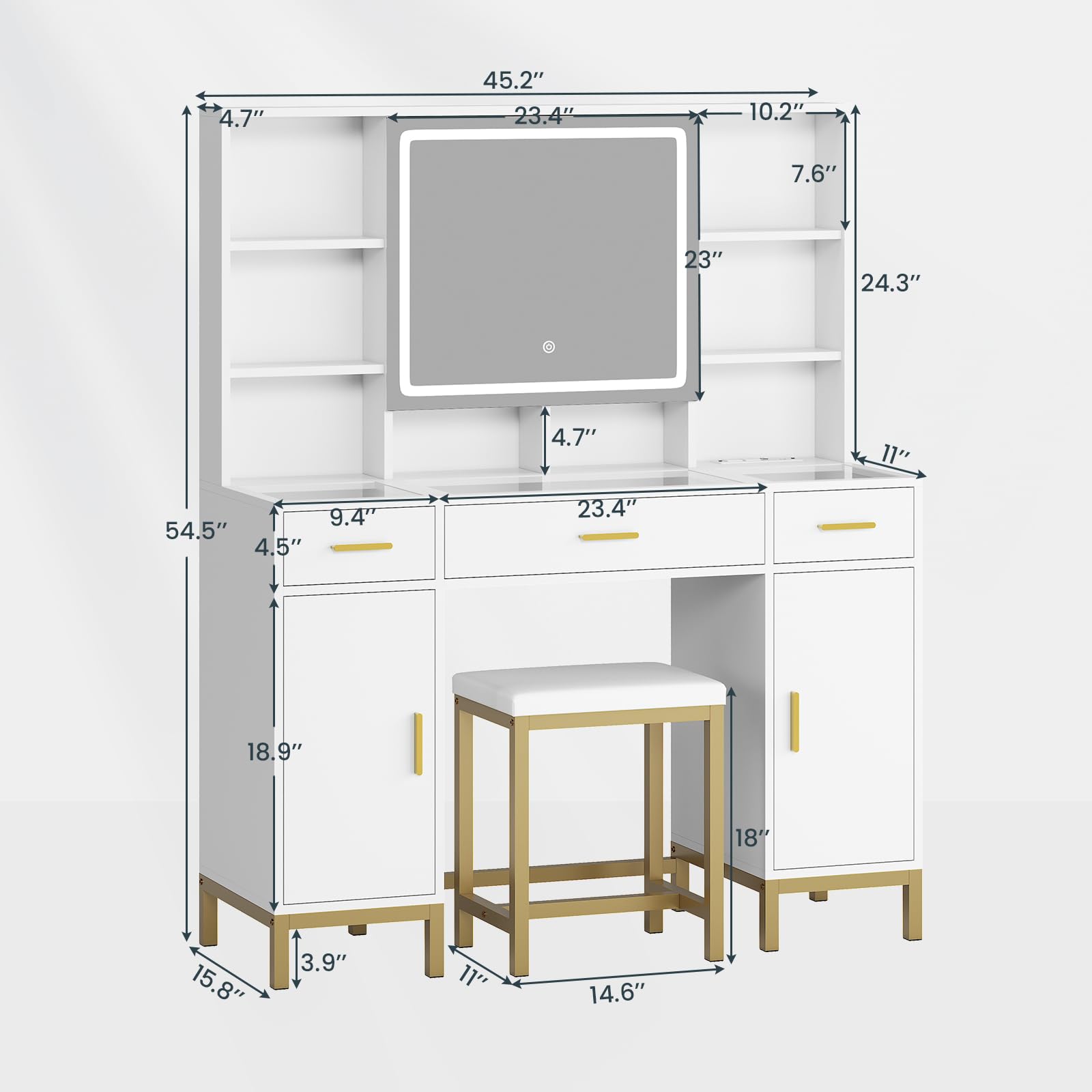 AOGLLATI Makeup Vanity Desk with Lights, Vanity Desk with Mirror and Lights, White Vanity Set with Charging Station,Big Glass Desktop, Hidden and Open Storage Shelves