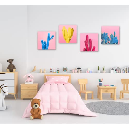 Creoate Pink Cactus Wall Art for Living Room Decor, 4 Panels Tropical Plant Picture Framed Canvas Print Artwork Set Wall Decorā¦