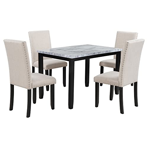 Dinehome 5-Piece Faux Marble Dining Table Set for 4, with Four Thicken Cushion Chairs for Kitchen Room, White/Beige+Black