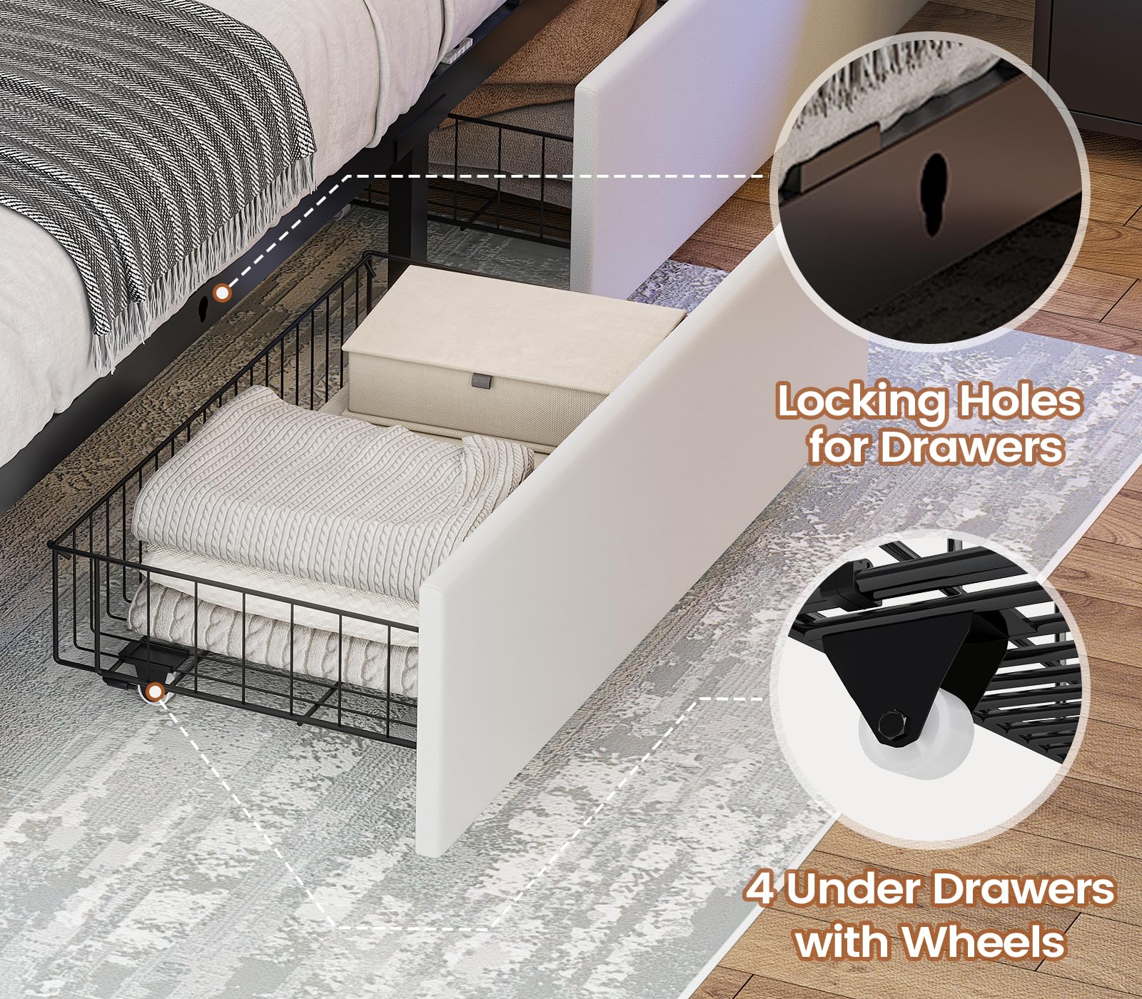 AOGLLATI Twin Bed Frames with 4 Storage Drawers & Headboard, Led Bed Frame Twin with Charging Station, Upholstered Twin Bed with Storage, No Box Spring Needed, White