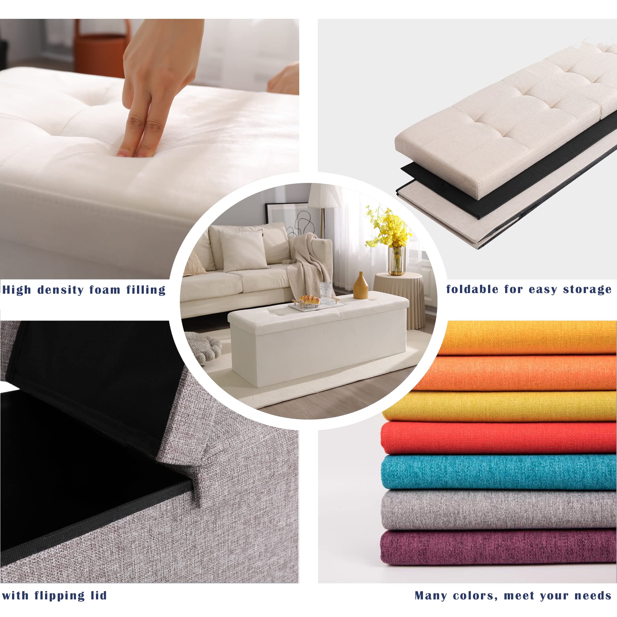 CUYOCA Storage Ottoman Bench Foldable Seat Footrest Shoe Bench End of Bed Storage, 80L Storage Space, 30 inches Linen Fabric Cream