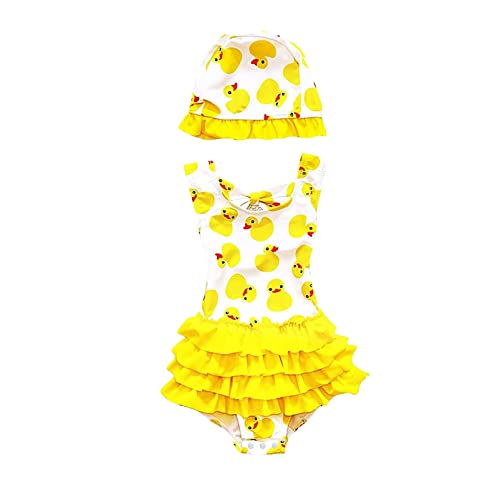 WINZIK Baby Girls One Piece Swimsuit Cute Duck Print Toddler Kids Swimwear Beachwear Bathing Suit Summer Clothes with Hat (12-18 Months, Yellow)