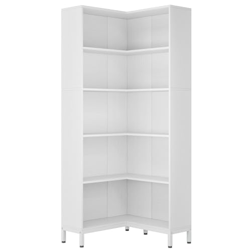 LITTLE TREE 70.8-in Tall Bookcase, 6-Tier White L-Shaped Bookshelf, Modern Corner Bookcase Bookshelf, Freestanding Display Storage Rack with Back Panel for Living Room, Bedroom
