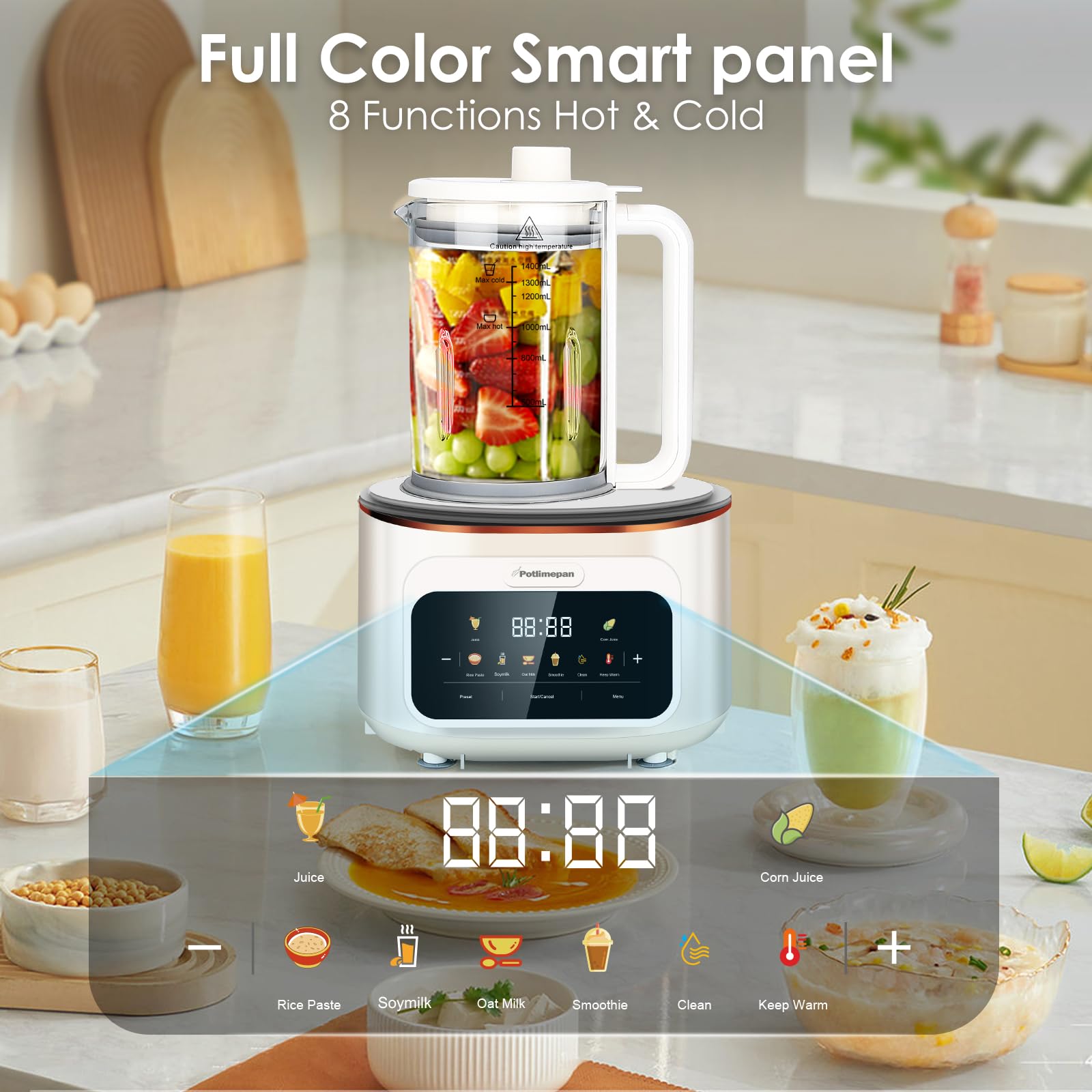 Potlimepan 8in1 Quite Cooking Blender, 1.4L 600W Countertop Blender with Silent Shield, Hot&Cold Kitchen Blender 8 Programs with 24H Preset, Self-Cleaning, for Smoothie Soy Milk Oat Milk and Juice