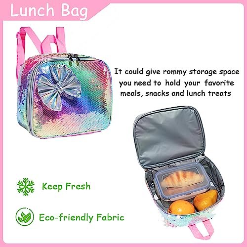 Oruiji Sequin Rolling Backpack for Girls Backpack with Wheels Bowknot Backpack and Lunch Bag Set for Girls Trolley Wheeled Luggage for Elementary Students