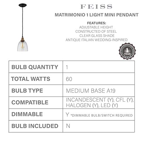 Feiss P1394DFW/DWZ Matrimonio Glass Pendant Lighting, Brown, 1-Light (6"Dia x 9"H) 60watts