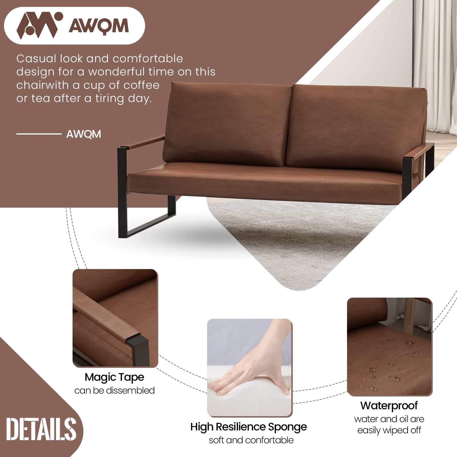 AWQM PU Leather Loveseat Set of 2, Accent Chair Middle Age Couch Upholstered Sofa with Removable Cushions and Armrest Velcro for Mini Lounge Home & Office, Chocolate