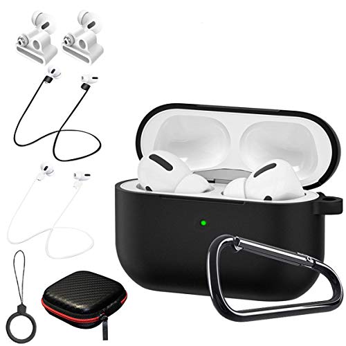 TOLUOHU AirPods Pro Case, Apple AirPods Pro Soft Silicone Accessories 8 in 1 Kit, Shockproof Protective AirPods Pro Charging case Cover with Keychain/Watch Band Holder/Strap/Ring/Carrying Box(Black)