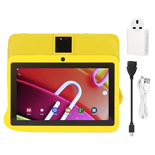 7 Inch Kids Tablet, Yellow Octa Core Processor Front 2MP Rear 5MP 4GB 128G 100-240V Tablet Support 10 for Study (Yellow)