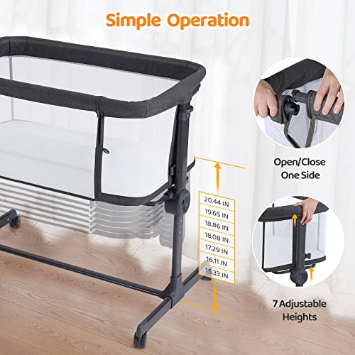 Ezebaby Baby Bassinet with Wheels, Bedside Bassinet Co Sleeper Crib for Newborn Baby Infants with All Mesh Sides and Adjustable 7 Heights, Mattress & Sheet Included
