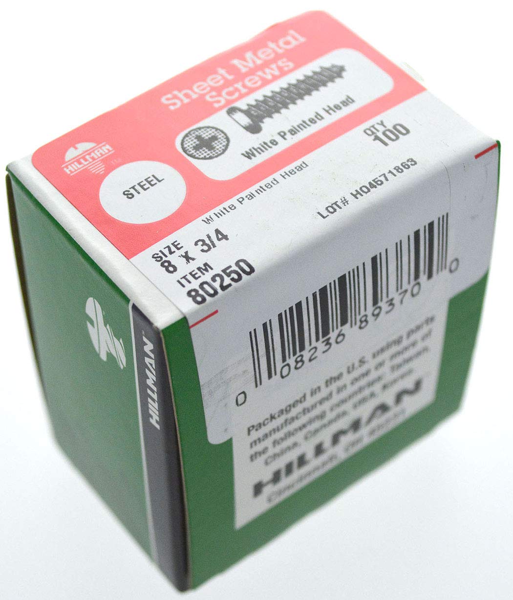 Hillman 80250 8 x 3/4 -Inch Pan Head Phillips Sheet Metal Screw, 100-Pack,White