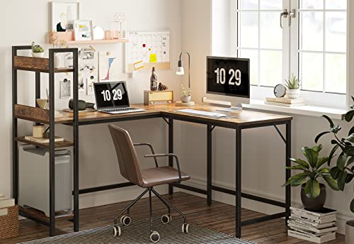 CubiCubi L Shaped Desk with Storage Shelves, Computer Corner Desk for Home Office, Writing Gaming Study Desk Table with Bookshelf, Space Saving, Brown