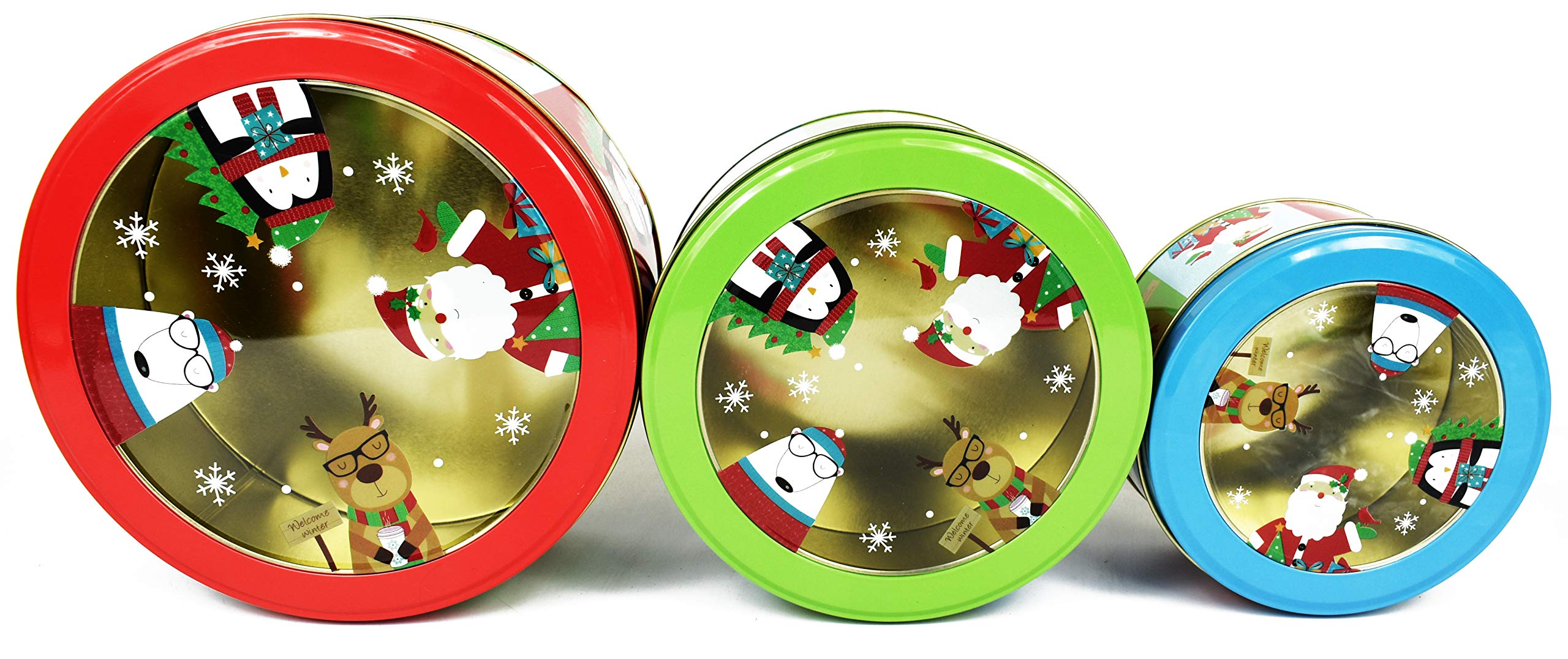 ALEF Christmas/Holiday Set of 3 Decorative Nesting Tins (Round w/Window)