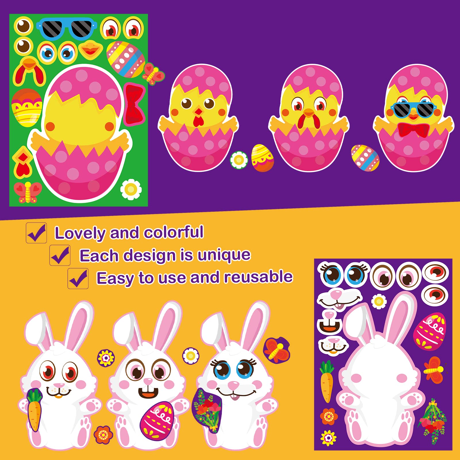 AOLDHYY 36 PCS Easter Make Your Own Stickers Mix and Match Stickers with Chick Bunny Egg Sheep Easter Stickers for Kids Party Favors Supplies Easter