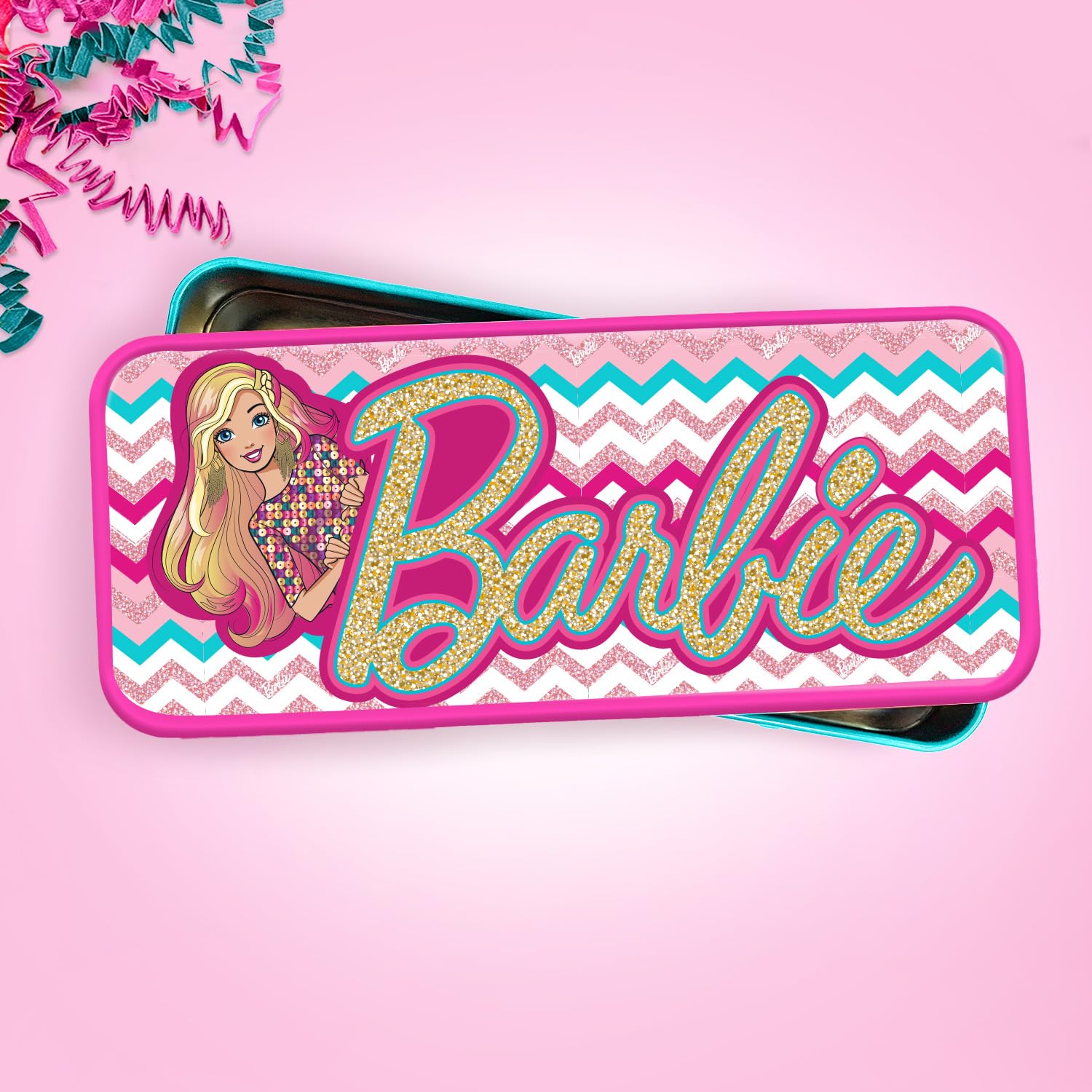 Barbie Birthday Party Gift Set - Tin Box, Tin Pencil Case, Stickers, Birthday Necklace, Plush, and Birthday Hat