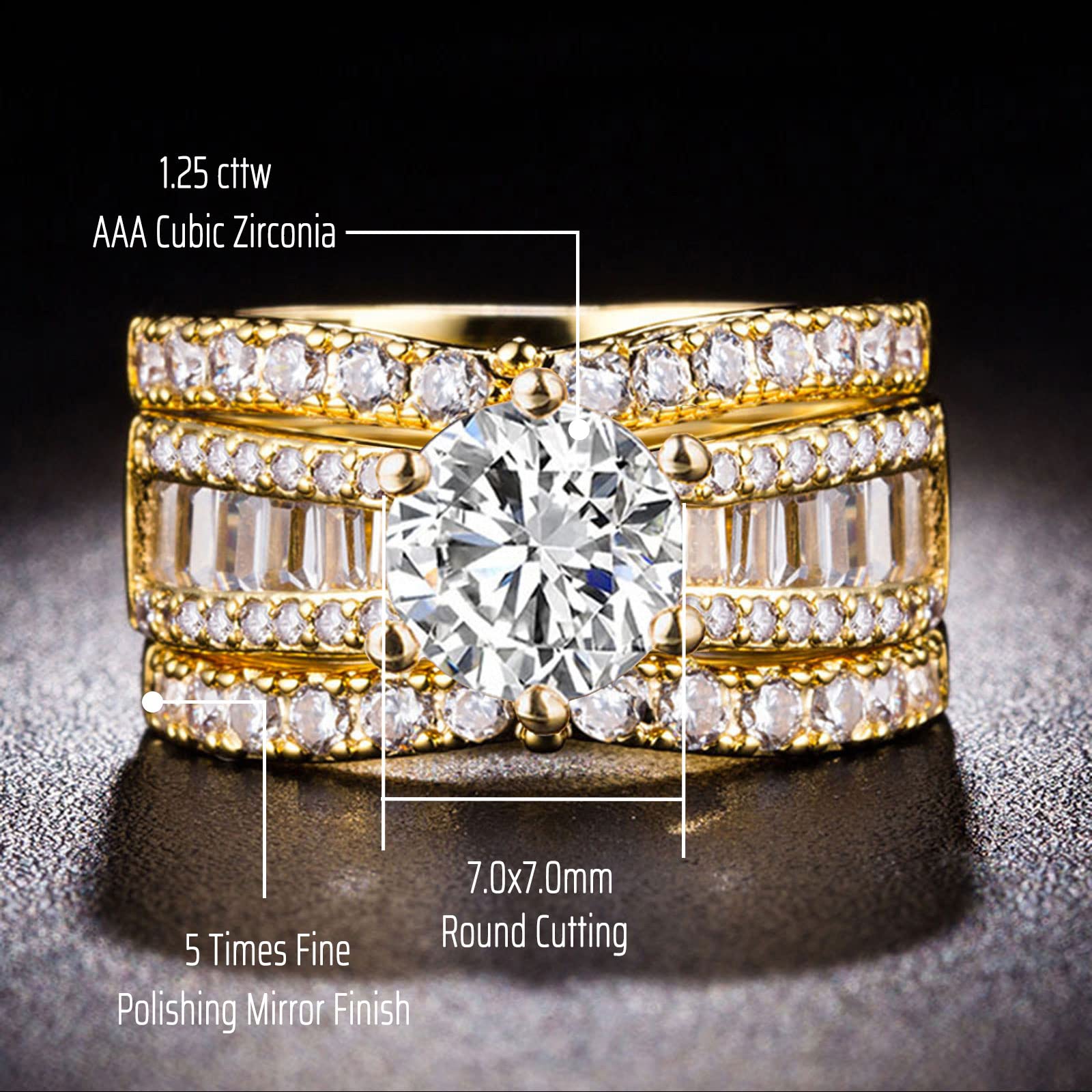 Ahloe Jewelry 2.3Ct Wedding Rings for Women Engagement Ring Set Bands 18k Yellow Gold Three in One Cz 3pcs Size 8