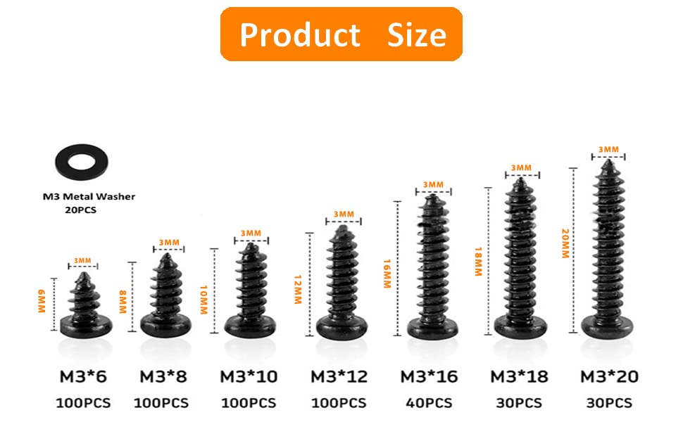 500 Pcs Carbon Steel Pan Head Wood Screws Assortment Set, M3 Phillips Round Head Self Tapping Screws, 6#8#10#12#16#20 Length,Self Drilling Metal Screws Kit (M3 Assortment Kit)
