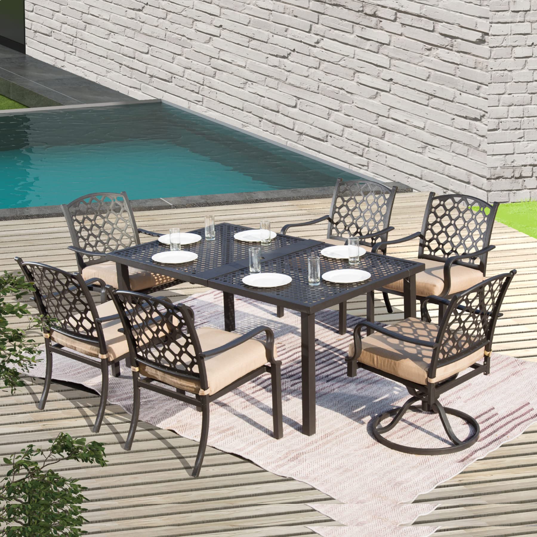 Domi Outdoor 7 pcs Patio Dining Set, Metal Dining Table, Swivel and Dining Chairs Conversation Set with Removable Beige Cushions for Garden Lawn Yard