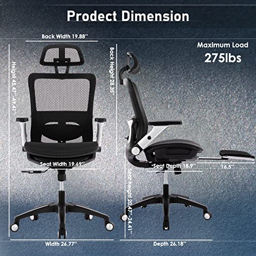 Ergonomic Mesh Office Chair with Footrest, High Back Computer Executive Desk Chair with Headrest and 4D Flip-up Armrests, Adjustable Tilt Lock and Lumbar Support-Black