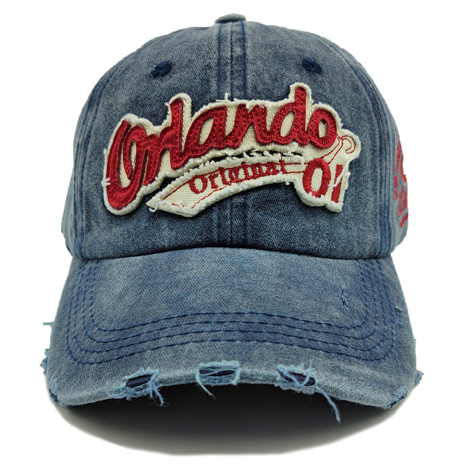 AHOYUSO Orlando Embroidered Baseball Caps for Men Women Cotton Washed Adjustable Dad Hat Distressed Retro Truck Caps Navy Blue