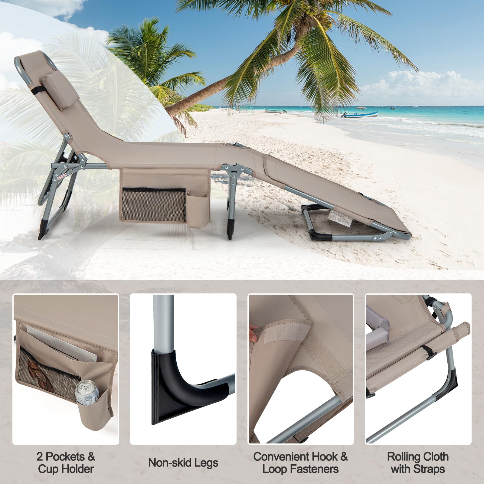 Tangkula Beach Lounge Chair, Outdoor Folding Tanning Chair with Face/Arm Hole, 2 Carry Handle, Pillow, Adjustable Backrest, 400 LBS Face Down Sunbathing Chair for Outside Beach Poolside