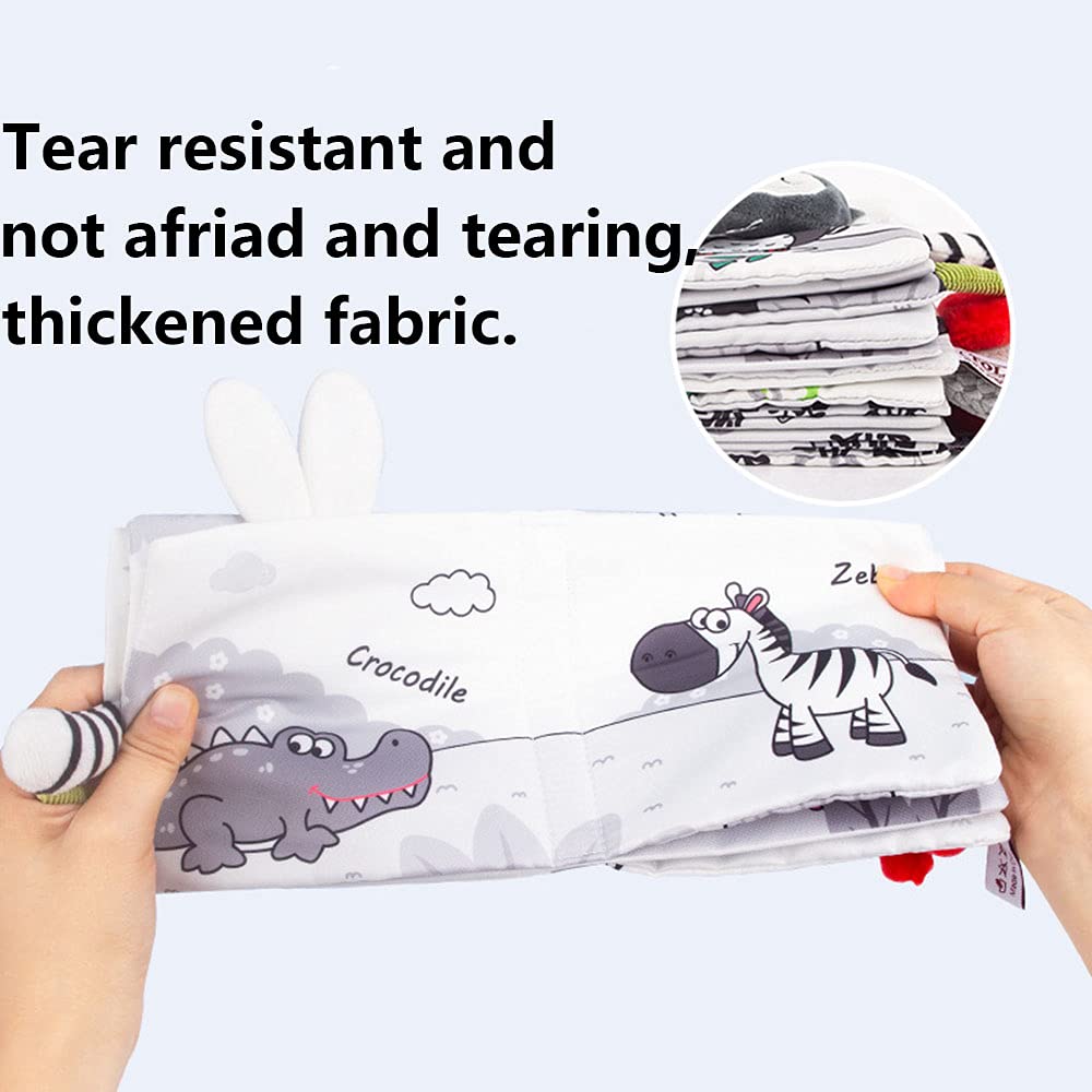 D-KINGCHY Baby Cloth Book Toy, Black and White Crinkle Tails Cloth Activity Books, Interactive Hanging Stroller Books for Newborn Infant, Early Development Toys with Sound for 0-2 Years Old