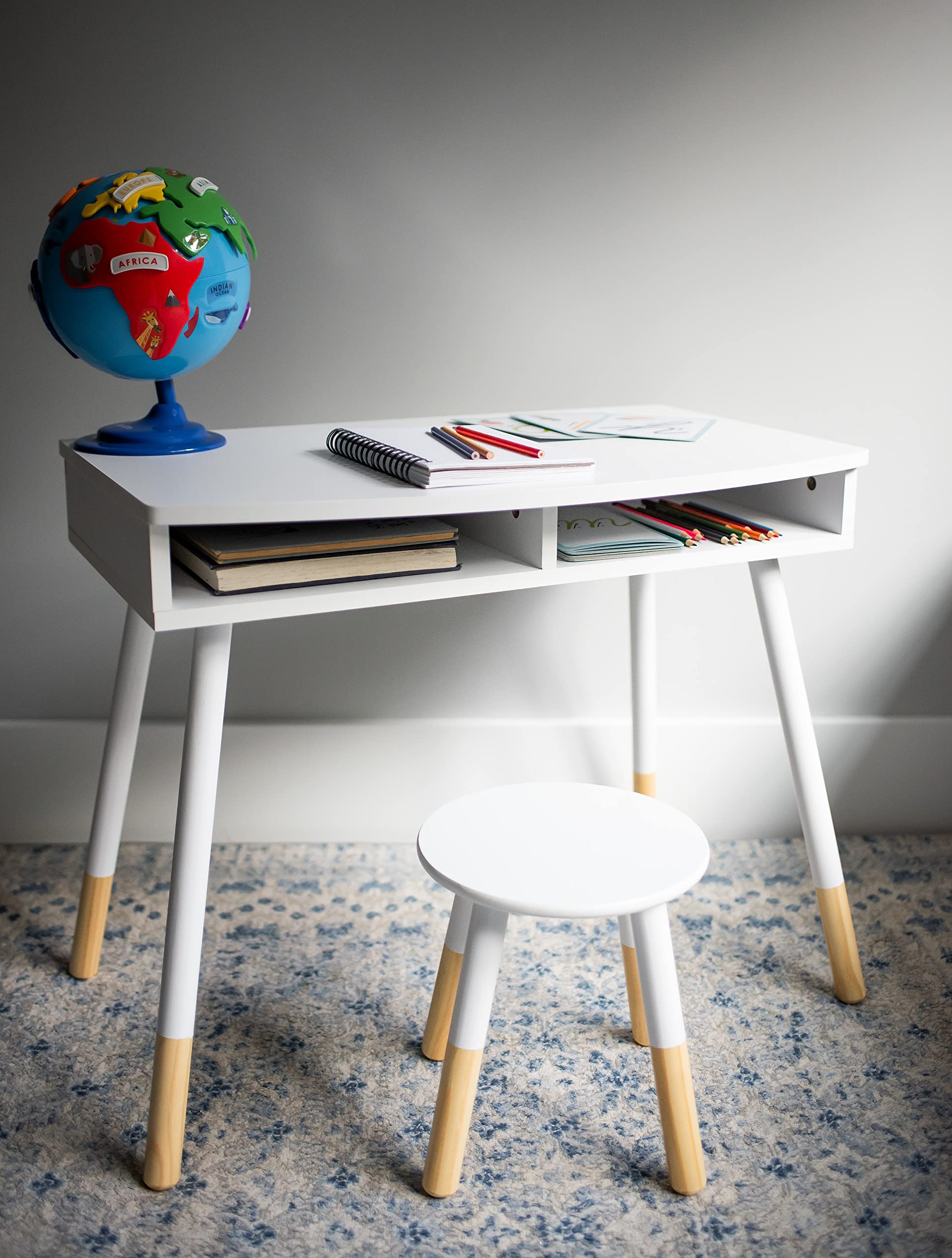 Wildkin Kids Premium Homework Desk with Storage and Stool Set for Boys and Girls, Includes One Matching Stool, Classic Timeless Design Features Solid Wood Legs (White w/Natural)