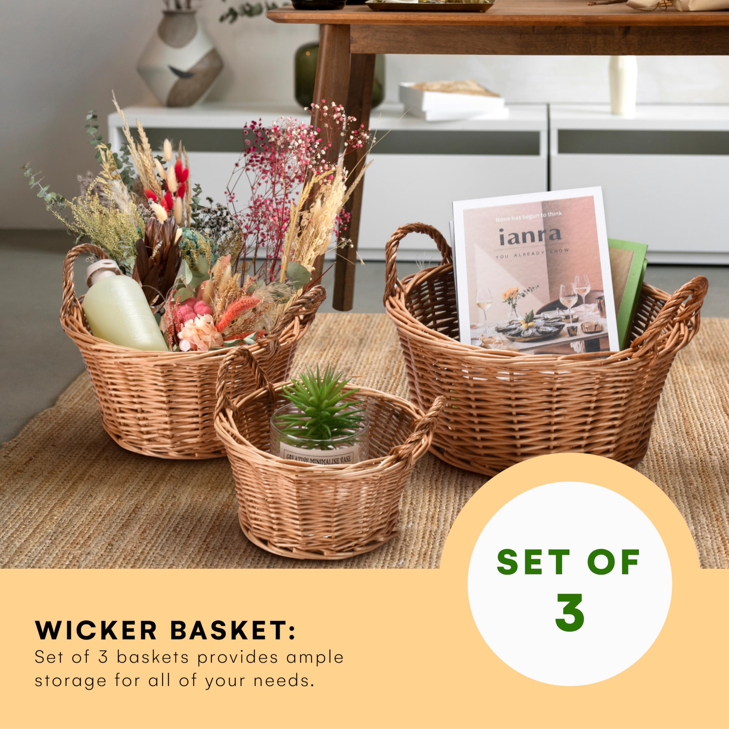 Prosumers Choice Wicker Basket Set of 3 - Wooden Bamboo Like Storage Basket - 3 Sizes Set - Small, Medium & Large Organizer Basket for Household Items - Lightweight Set of Wicker Basket with Handle