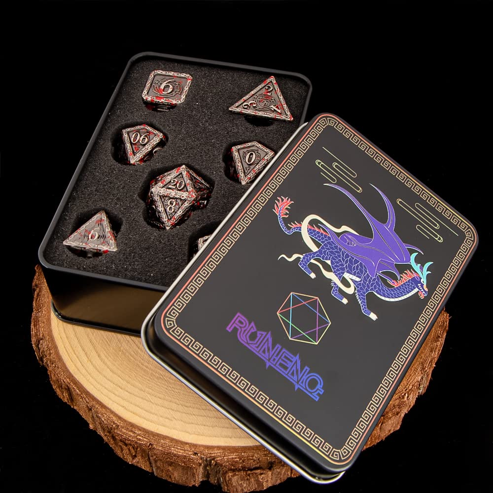 D&D Dice Set for Dungeons and Dragons, RUNFNG 7PCS Metal DND Dice Set D20 D12 D10 D8 D6 D4 D%, Blood Spatter D and D Polyhedral Dice Set for RPG Role Playing Table Game, Warhammer with Gift Box…